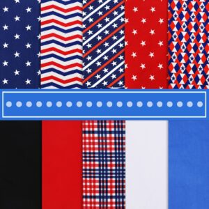 Whaline 10Pcs Patriotic Cotton Fabric Bundles Red Blue White Plaid Stripe Star Printed Fat Quarters Quilting Patchwork Squares Sewing Fabrics for DIY Handmade Crafting Home Party Decor, 10 x 10 Inch