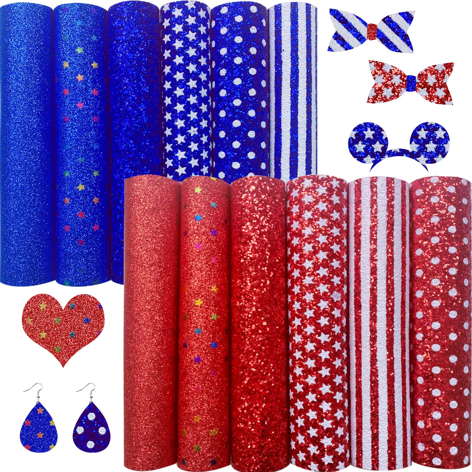 Shalun Independence Day Faux Leather Sheets 8x12inch Sparkle Shiny Red Blue with White Stars Stripes American Flag Patriotic Pattern 4th July Chunky Glitter PU Canvas Fabric