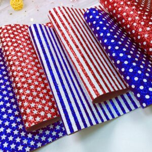 Shalun Independence Day Faux Leather Sheets 8x12inch Sparkle Shiny Red Blue with White Stars Stripes American Flag Patriotic Pattern 4th July Chunky Glitter PU Canvas Fabric