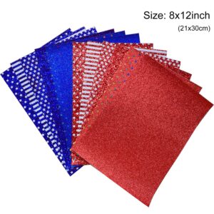 Shalun Independence Day Faux Leather Sheets 8x12inch Sparkle Shiny Red Blue with White Stars Stripes American Flag Patriotic Pattern 4th July Chunky Glitter PU Canvas Fabric