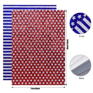 Shalun Independence Day Faux Leather Sheets 8x12inch Sparkle Shiny Red Blue with White Stars Stripes American Flag Patriotic Pattern 4th July Chunky Glitter PU Canvas Fabric