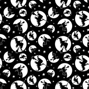 black glow witch silhouette glows in the dark 100% cotton fabric, by the yard, from the nights of olde salem by shelly comiskey collection, by henry glass