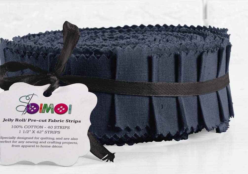 Soimoi 40Pcs Solid Dark Blue Precut Fabrics Strips Roll Up 1.5 Inches Cotton Jelly Rolls for Quilting