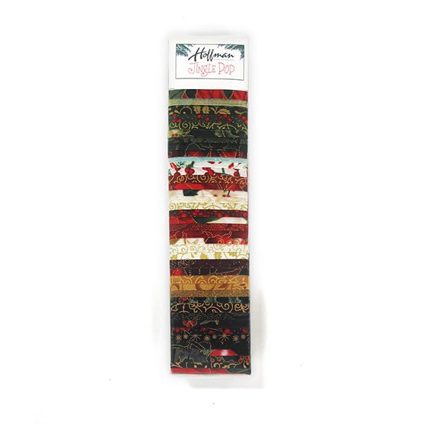 Hoffman Jingle Pop 10 Winter Christmas Holiday Gold Metallic 2.5" Strips Roll-Up Fabric Bundle Quilter's Cotton Precuts (JP10-47-GOLD) M494.46