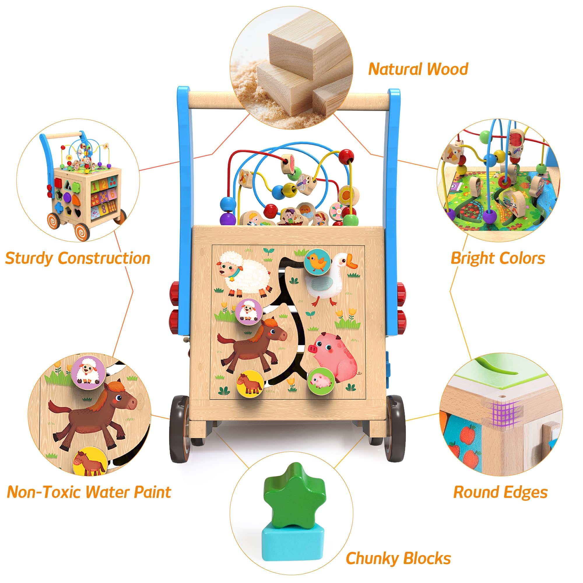 WOODMAM Wooden Baby Walker | 9-in-1 Wooden Activity Cube, Sit-to-Stand Learning Walker Activity Center, Early Educational Push & Pull Toys for Baby Toddler Boys Girls, Height & Brake Adjustable