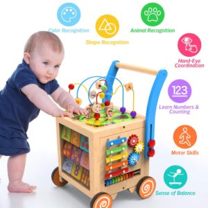 WOODMAM Wooden Baby Walker | 9-in-1 Wooden Activity Cube, Sit-to-Stand Learning Walker Activity Center, Early Educational Push & Pull Toys for Baby Toddler Boys Girls, Height & Brake Adjustable