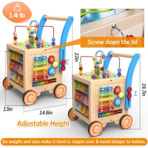 WOODMAM Wooden Baby Walker | 9-in-1 Wooden Activity Cube, Sit-to-Stand Learning Walker Activity Center, Early Educational Push & Pull Toys for Baby Toddler Boys Girls, Height & Brake Adjustable