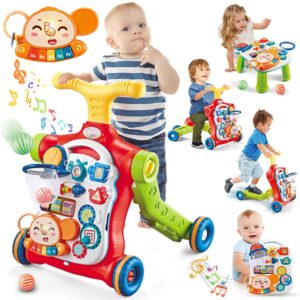 baby walker 5 in 1,vatos sit-to-stand learning walker,assemble as scooter/balance bike/push walker/activity table/detachable panel,push walkers toys with music for toddlers infant boys girls