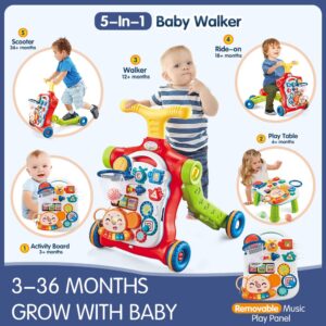 Baby Walker 5 in 1,VATOS Sit-to-Stand Learning Walker,Assemble as Scooter/Balance Bike/Push Walker/Activity Table/Detachable Panel,Push Walkers Toys with Music for Toddlers Infant Boys Girls