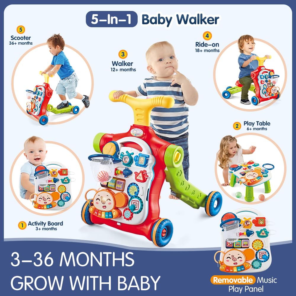 Baby Walker 5 in 1,VATOS Sit-to-Stand Learning Walker,Assemble as Scooter/Balance Bike/Push Walker/Activity Table/Detachable Panel,Push Walkers Toys with Music for Toddlers Infant Boys Girls