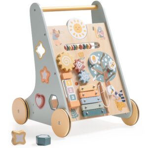 robud wooden baby walker, baby push walker with activity center and storage for boys and girls learning to stand and walk