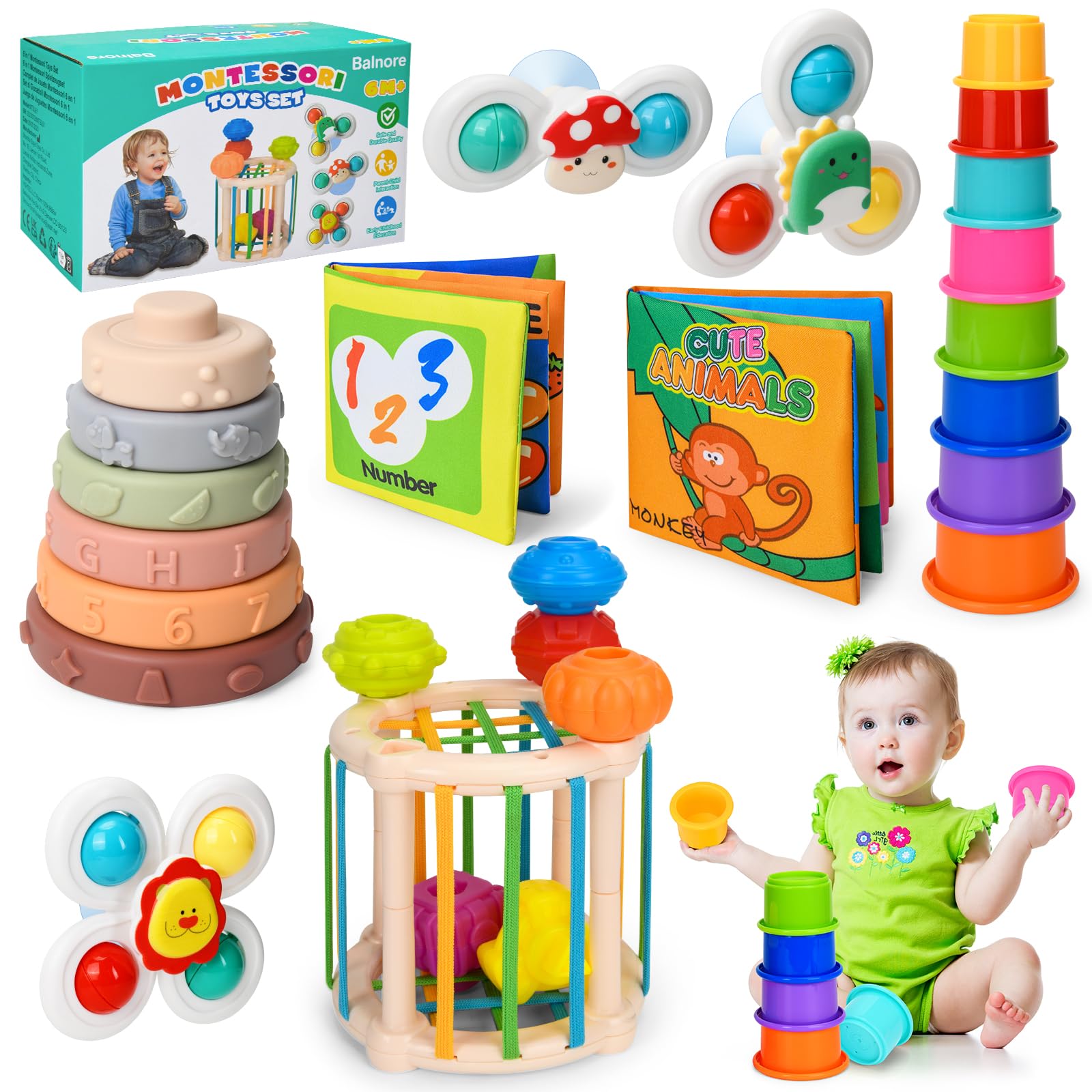 Balnore 6 in 1 Baby Toys 6 to 36 Months, 26pcs Montessori Toy, Identification Cloth Book, Infant Gifts Play Set Kids Sensory Learning Activity Infant Bath Time Fun for 1-4 Year Old Birthday Box