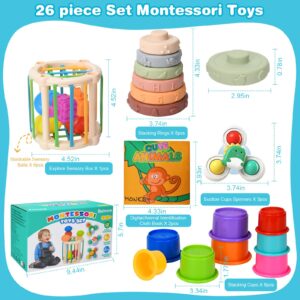 Balnore 6 in 1 Baby Toys 6 to 36 Months, 26pcs Montessori Toy, Identification Cloth Book, Infant Gifts Play Set Kids Sensory Learning Activity Infant Bath Time Fun for 1-4 Year Old Birthday Box