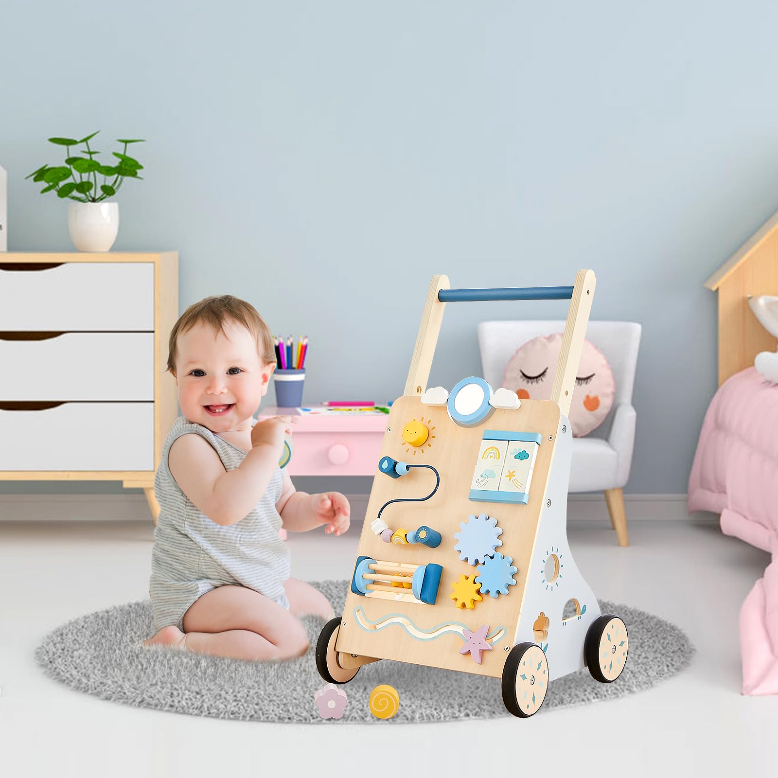 Beright Wooden Baby Walker, Wooden Baby Push Walker, Learning Activity Walker Toys, Baby Push Toy Multiple Activities Center, Gift for Birthday, Christmas and New Year