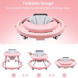 Baby Walker with Wheels, Activity Center with Mute Wheels Anti-Rollover, 5-Position Height Adjustable Foldable Baby Walker for Boys and Girls from 6-18 Months with Footrest