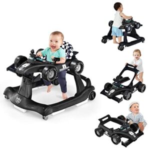 baby joy 4-in-1 baby walker, foldable activity walker with adjustable height & speed, music, lights, anti-rollover, toddler push walker, baby walker with wheels for boys girls 6-18 months (black)