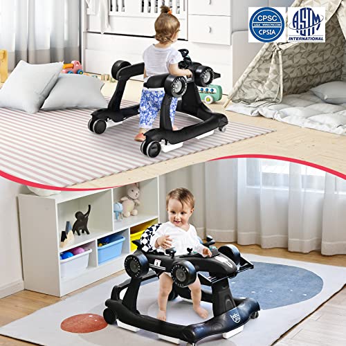 BABY JOY 4-in-1 Baby Walker, Foldable Activity Walker with Adjustable Height & Speed, Music, Lights, Anti-Rollover, Toddler Push Walker, Baby Walker with Wheels for Boys Girls 6-18 Months (Black)