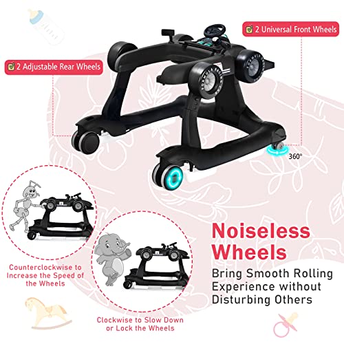 BABY JOY 4-in-1 Baby Walker, Foldable Activity Walker with Adjustable Height & Speed, Music, Lights, Anti-Rollover, Toddler Push Walker, Baby Walker with Wheels for Boys Girls 6-18 Months (Black)