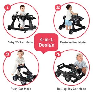 BABY JOY 4-in-1 Baby Walker, Foldable Activity Walker with Adjustable Height & Speed, Music, Lights, Anti-Rollover, Toddler Push Walker, Baby Walker with Wheels for Boys Girls 6-18 Months (Black)