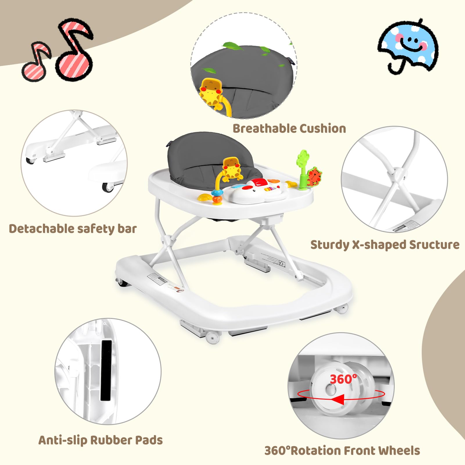 TODEFULL Foldable Baby Walker, 3 in 1 Baby Activity Center for Boys Girls, Toddler Walker w/Adjustable Height Speed, Learning-Seated & Walk-Behind, Infant Walker for 6-12 Months, Music Toys, Grey