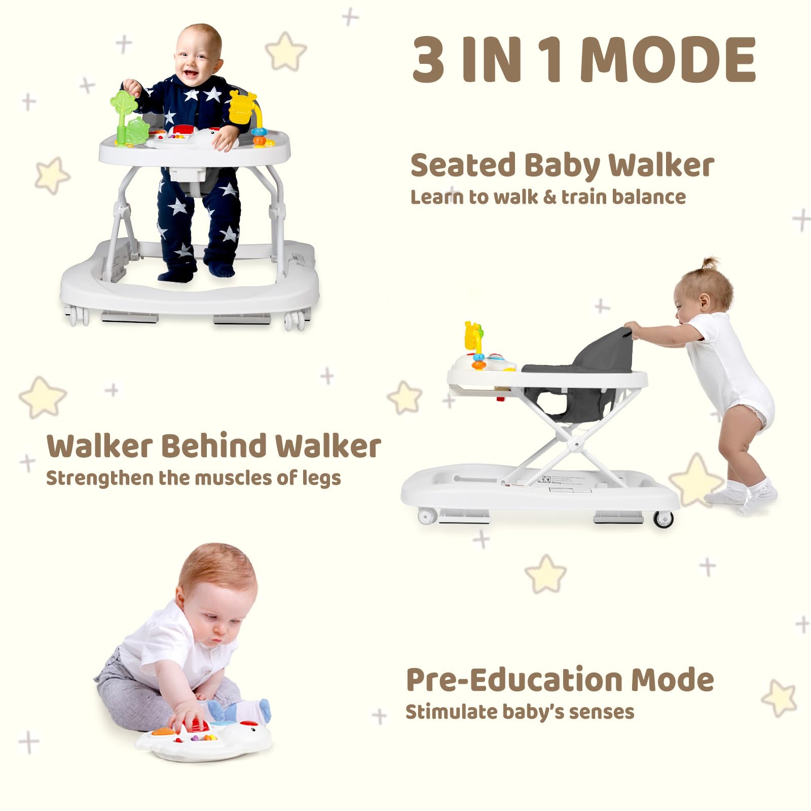 TODEFULL Foldable Baby Walker, 3 in 1 Baby Activity Center for Boys Girls, Toddler Walker w/Adjustable Height Speed, Learning-Seated & Walk-Behind, Infant Walker for 6-12 Months, Music Toys, Grey