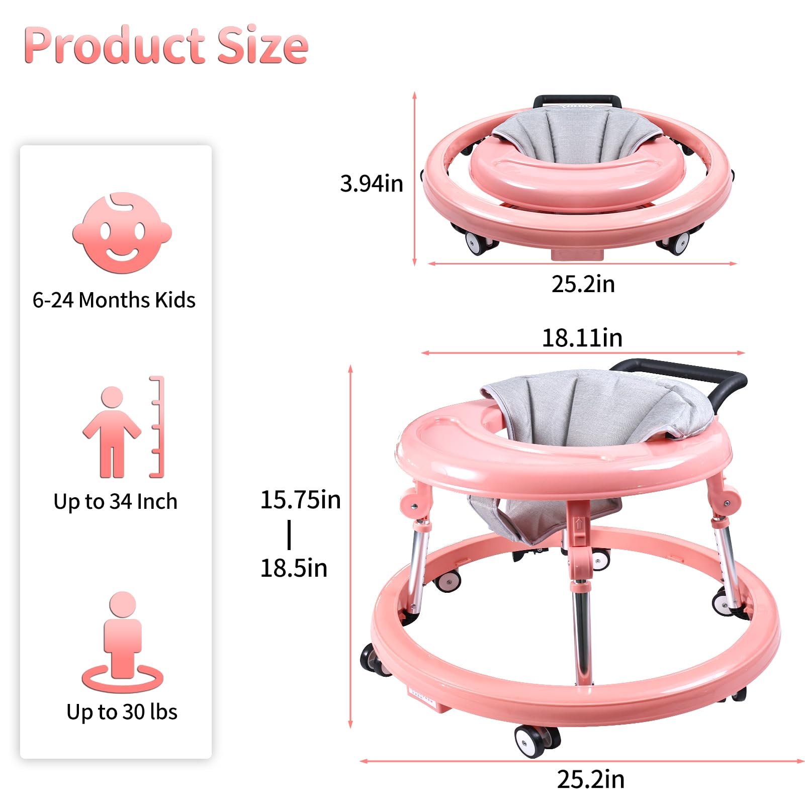 Baby Walker, 9-Gear Height Adjustable Baby Walker with Wheels, Foldable Infant Toddler Walker with Foot Pads, Baby Walkers and Activity Center, Baby Walkers for Baby Boys and Baby Girls 6-24 Months