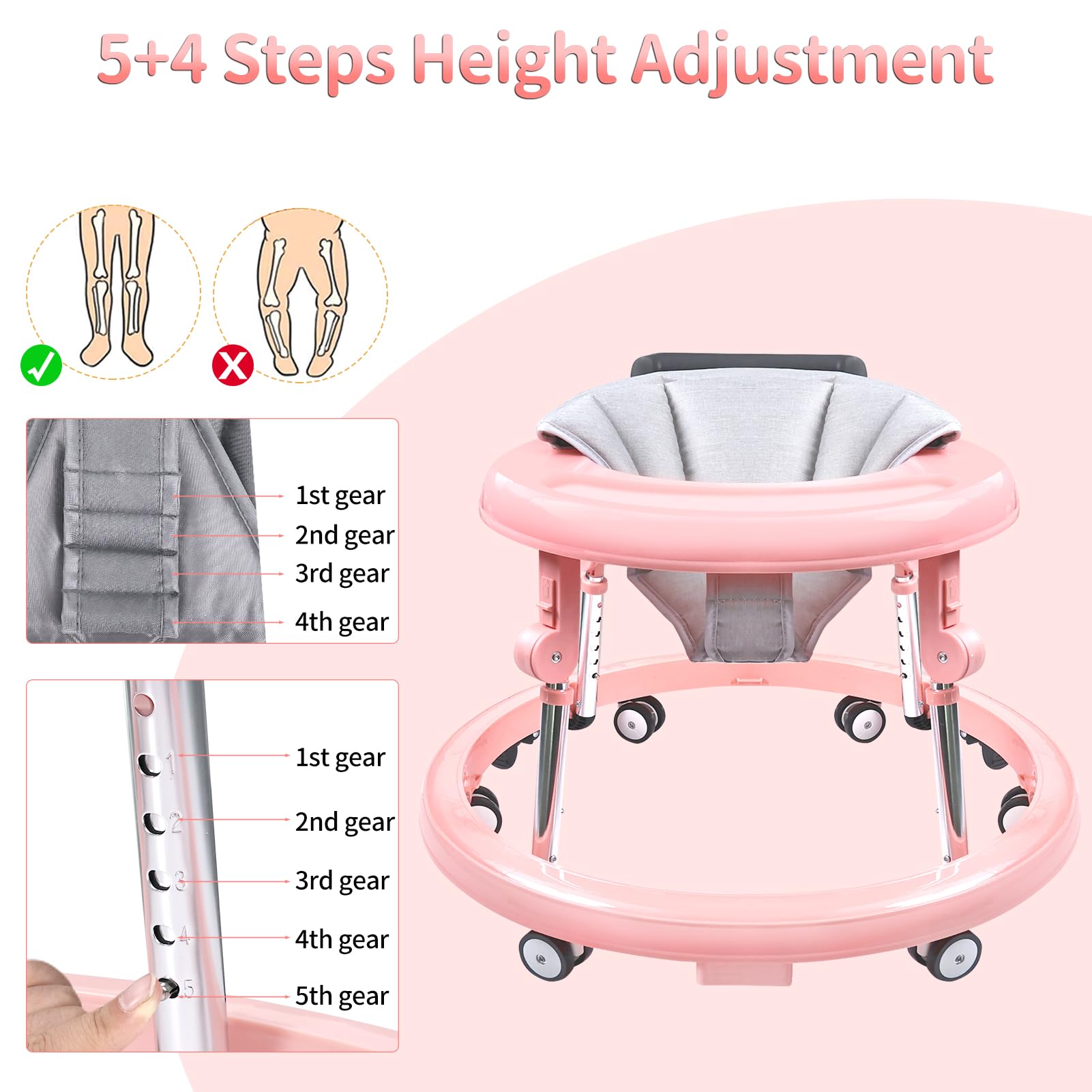 Baby Walker, 9-Gear Height Adjustable Baby Walker with Wheels, Foldable Infant Toddler Walker with Foot Pads, Baby Walkers and Activity Center, Baby Walkers for Baby Boys and Baby Girls 6-24 Months