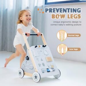 Wooden Baby Walker, Toddler Push and Pull Learning Activity Walker for Boys and Girls, Montessori Toys for 1+ Year Old, Kids Multi-Activity Learning Walker with Wheels