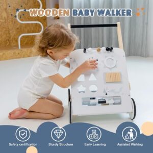 Wooden Baby Walker, Toddler Push and Pull Learning Activity Walker for Boys and Girls, Montessori Toys for 1+ Year Old, Kids Multi-Activity Learning Walker with Wheels