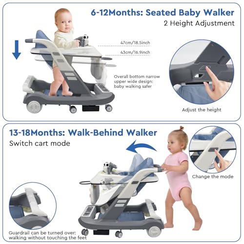 HAPYOOY 4 in 1 Folding Baby Walker, Activity Walker for Boys Girls, Learning-Seated, Toddler Walk-Behind w/Music Toys, Adjustable Height & Speed, Safety Bumper, Infant Walker Anti-Rollover