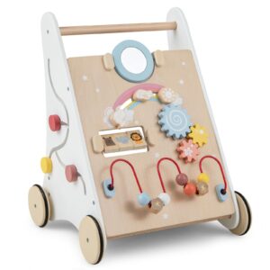 honey joy baby push walker, wooden infant walker activity center with shape sorter, develop motor skills & creativity, push toys for babies learning to walk, gift for boys and girls (natural)