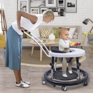 Double Push Handle Baby Walker, Foldable 9-Gear Height Adjustable Baby Walker with Wheels, Infant Toddler Walker with Foot Pads, Baby Walkers and Activity Center for Boys and Girls 6-24 Months…