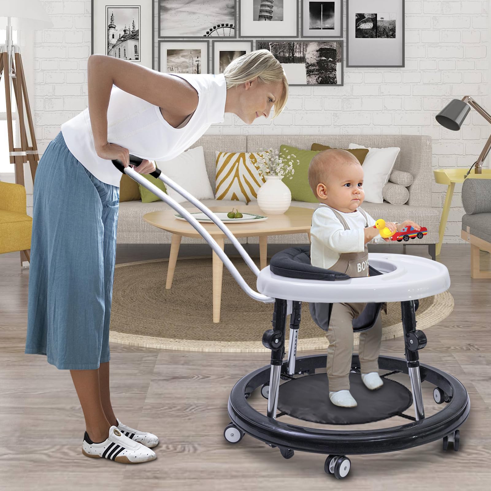 Double Push Handle Baby Walker, Foldable 9-Gear Height Adjustable Baby Walker with Wheels, Infant Toddler Walker with Foot Pads, Baby Walkers and Activity Center for Boys and Girls 6-24 Months…