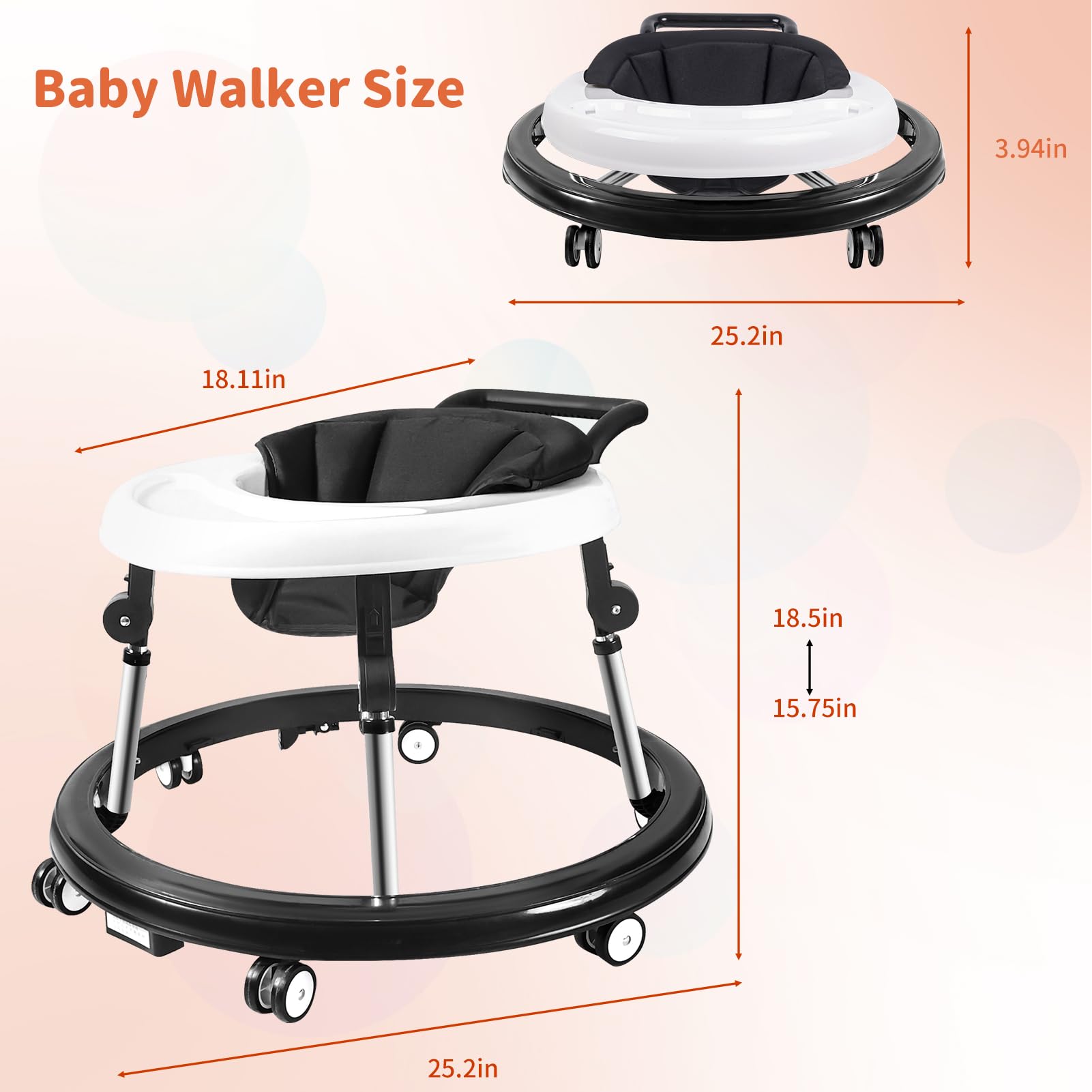 Double Push Handle Baby Walker, Foldable 9-Gear Height Adjustable Baby Walker with Wheels, Infant Toddler Walker with Foot Pads, Baby Walkers and Activity Center for Boys and Girls 6-24 Months…