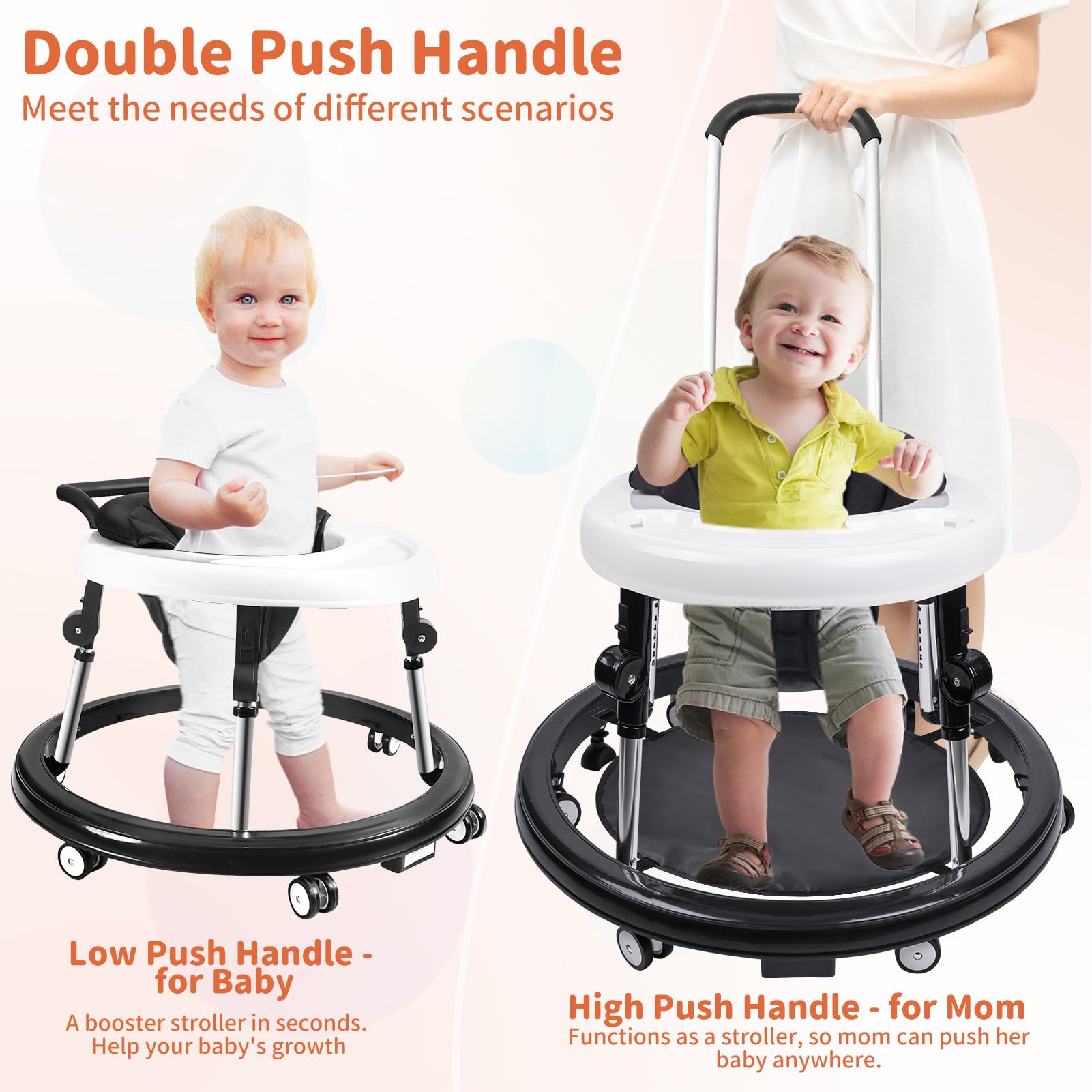 Double Push Handle Baby Walker, Foldable 9-Gear Height Adjustable Baby Walker with Wheels, Infant Toddler Walker with Foot Pads, Baby Walkers and Activity Center for Boys and Girls 6-24 Months…