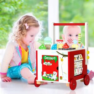 Baby Walker for Girls - Wooden Activity Cube Center for Baby with Pretend Food, Chalkboard, Clocks 6 in 1 Educational Learning Toys for Toddlers - Gift for 1 Year Old Girls & Boys - Easy Assembly