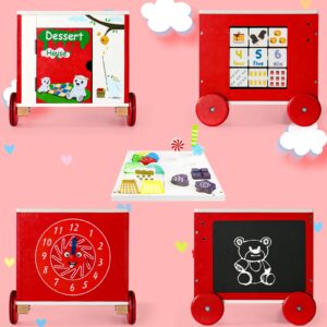 Baby Walker for Girls - Wooden Activity Cube Center for Baby with Pretend Food, Chalkboard, Clocks 6 in 1 Educational Learning Toys for Toddlers - Gift for 1 Year Old Girls & Boys - Easy Assembly