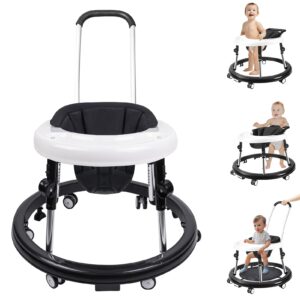 baby walker with wheels, 3 in 1 activity center with mute wheels anti-rollover, 9-gear height adjustable foldable baby walker for boys and girls from 6-18 months with push handle, footrest