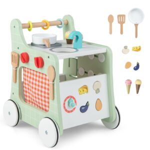 honey joy baby push walker, 6-in-1 wooden play kitchen walker activity center w/shape sorter, develop motor skills & creativity, push toys for babies learning to walk, gift for boys and girls