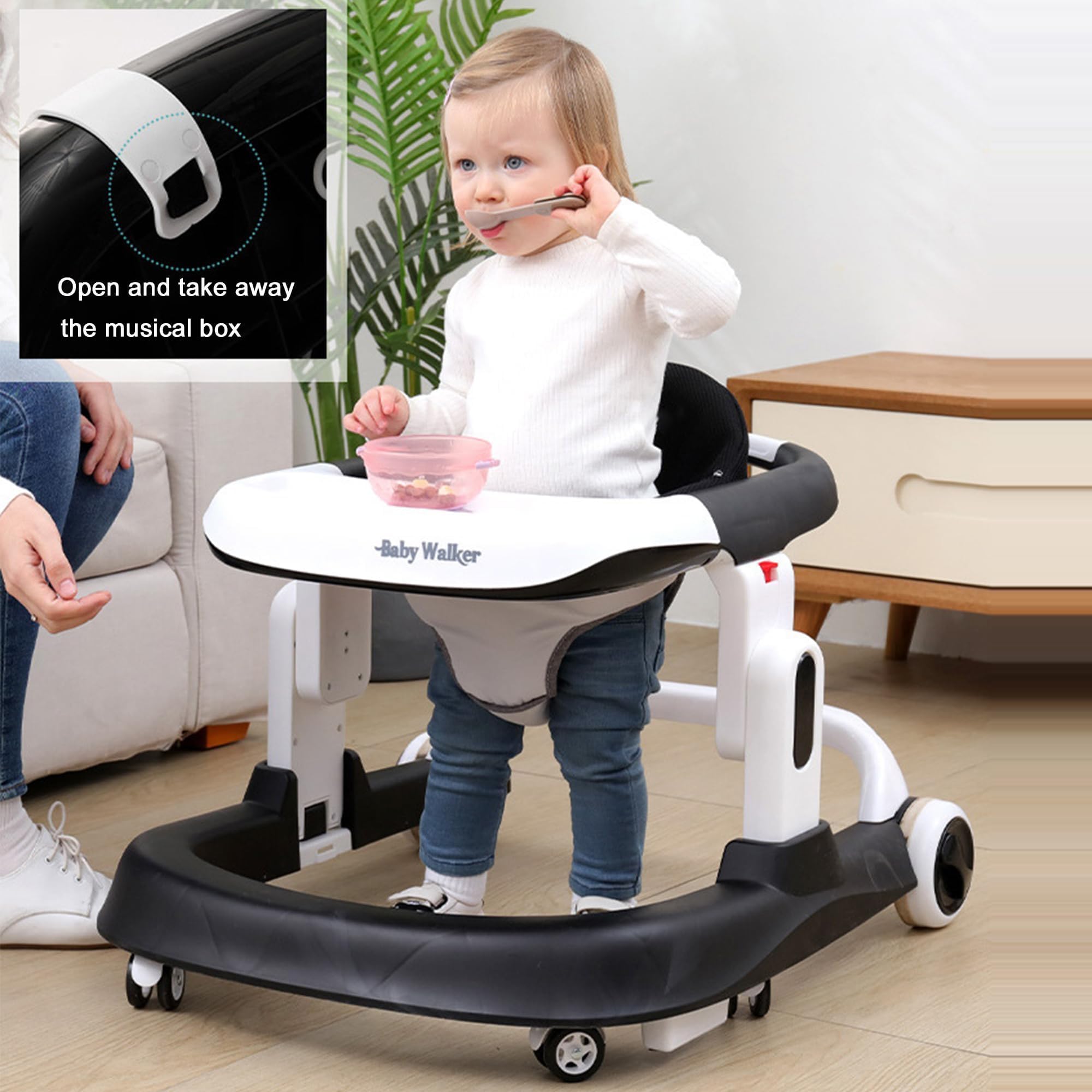 Marzviyia 4-in-1 Baby Activity Walker with Wheels, Foldable Baby Push Walkers with Adjustable Height & Speed, Black