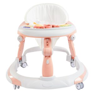 wwuiuiww 3 in 1 baby walker, baby walkers for boys and girls with removable footrest, feeding tray, rocking function & music tray(without battery), foldable activity walker for baby 6-18 months (pink)