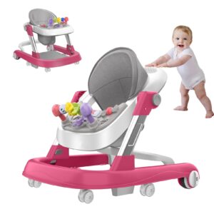 (rose-red) baby walker, 6-gear height adjustable foldable baby walkers and activity center, baby walker with wheels, infant toddler walker with music disk, baby walkers for baby boys and girls