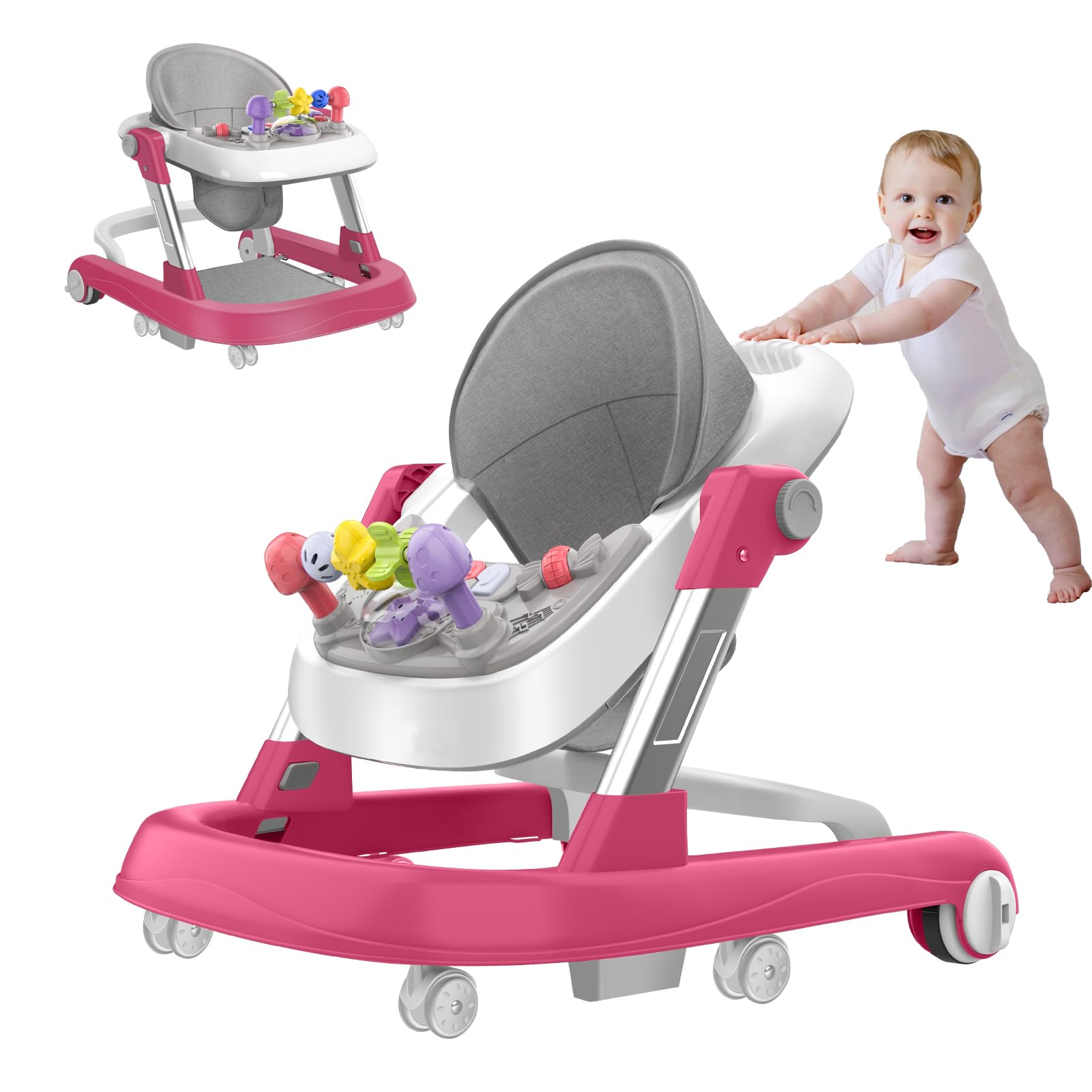 (Rose-red) Baby Walker, 6-Gear Height Adjustable Foldable Baby Walkers and Activity Center, Baby Walker with Wheels, Infant Toddler Walker with Music Disk, Baby Walkers for Baby Boys and Girls