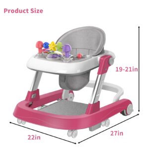 (Rose-red) Baby Walker, 6-Gear Height Adjustable Foldable Baby Walkers and Activity Center, Baby Walker with Wheels, Infant Toddler Walker with Music Disk, Baby Walkers for Baby Boys and Girls