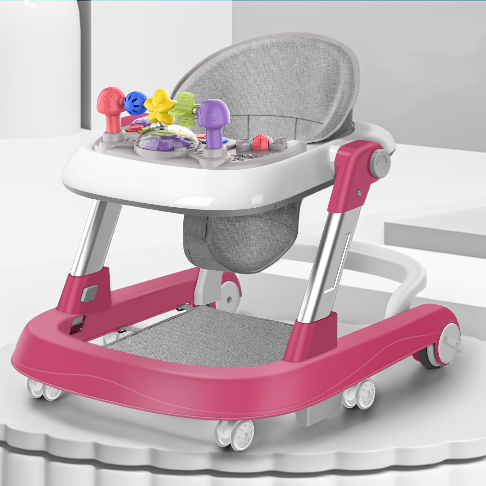 (Rose-red) Baby Walker, 6-Gear Height Adjustable Foldable Baby Walkers and Activity Center, Baby Walker with Wheels, Infant Toddler Walker with Music Disk, Baby Walkers for Baby Boys and Girls