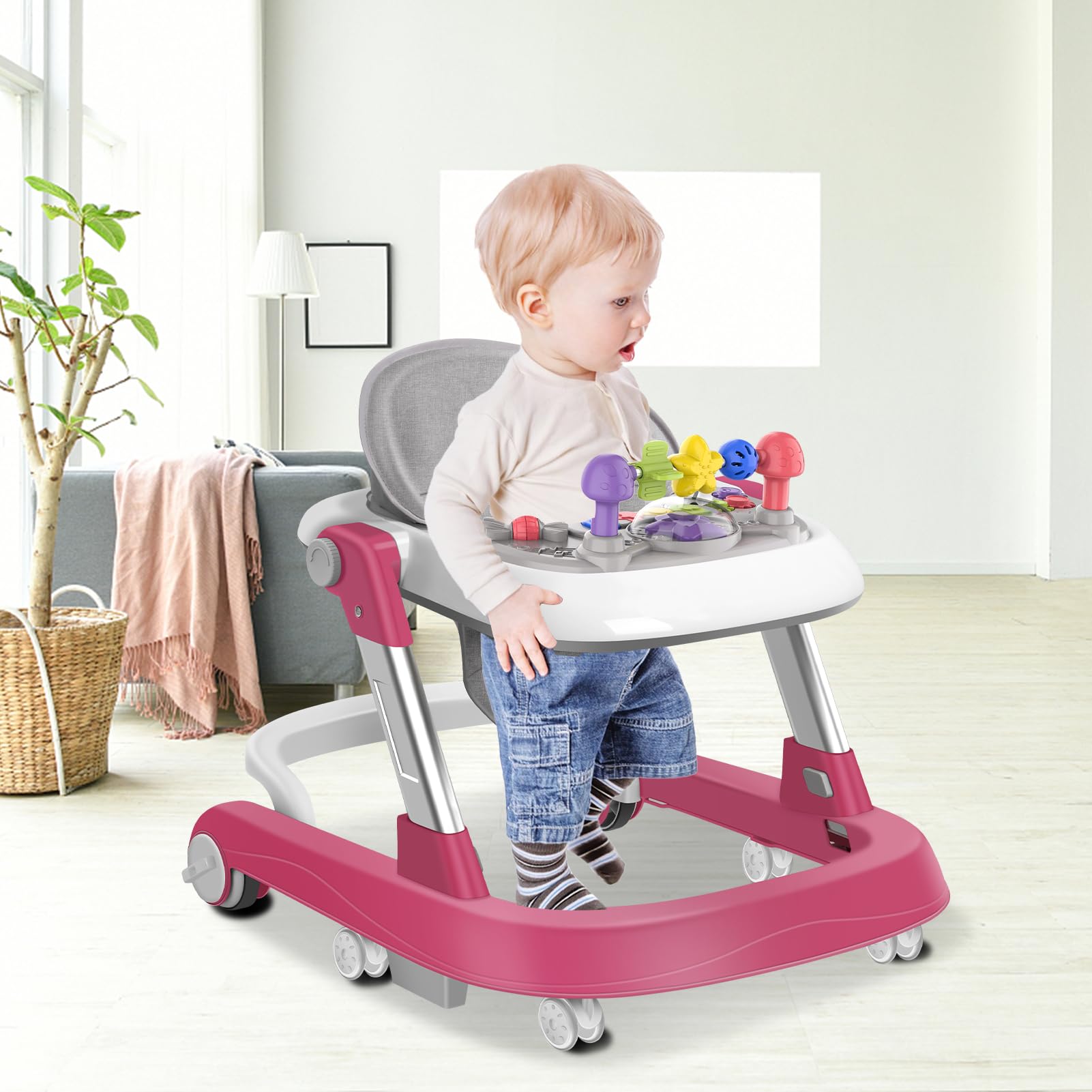 (Rose-red) Baby Walker, 6-Gear Height Adjustable Foldable Baby Walkers and Activity Center, Baby Walker with Wheels, Infant Toddler Walker with Music Disk, Baby Walkers for Baby Boys and Girls