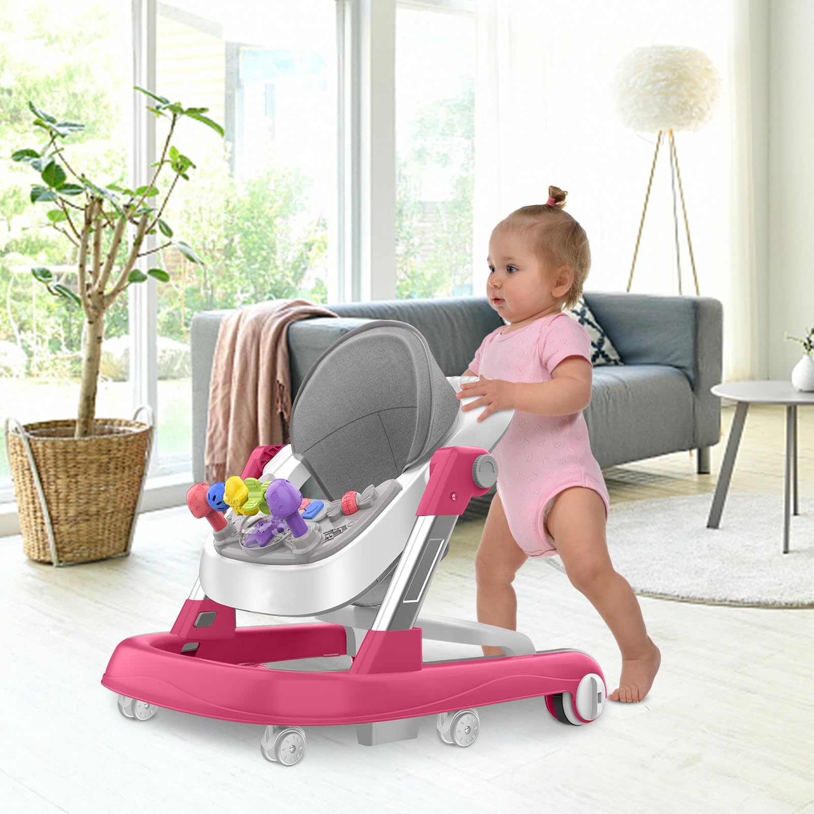 (Rose-red) Baby Walker, 6-Gear Height Adjustable Foldable Baby Walkers and Activity Center, Baby Walker with Wheels, Infant Toddler Walker with Music Disk, Baby Walkers for Baby Boys and Girls