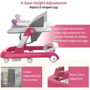 (Rose-red) Baby Walker, 6-Gear Height Adjustable Foldable Baby Walkers and Activity Center, Baby Walker with Wheels, Infant Toddler Walker with Music Disk, Baby Walkers for Baby Boys and Girls