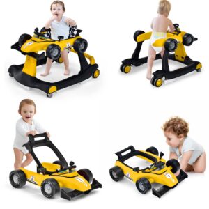 honey joy 4-in-1 baby walker, activity push walker w/3 adjustable heights, smooth wheels w/adjustable speed, padded seat, music & light, foldable car walker for baby boys girls age 6 months+ (yellow)