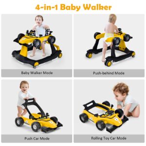 HONEY JOY 4-in-1 Baby Walker, Activity Push Walker w/3 Adjustable Heights, Smooth Wheels w/Adjustable Speed, Padded Seat, Music & Light, Foldable Car Walker for Baby Boys Girls Age 6 Months+ (Yellow)